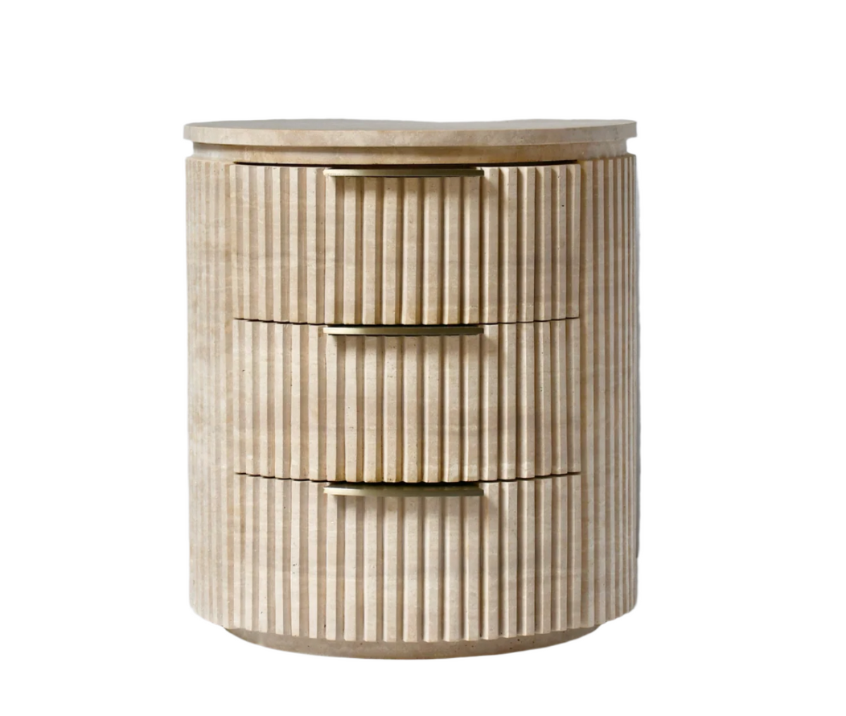 Ochre Round Travertine 3-Drawer Bedside Table – Cocolea